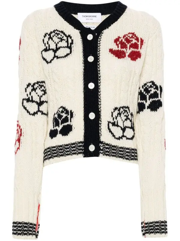 Thom Browne Rose-intarsia Cable-knit Cardigan