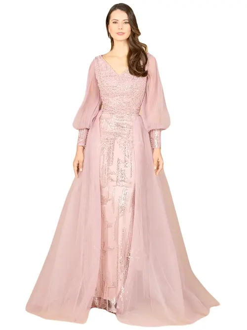 LARA NEW YORK Long Sleeve Lace Gown With Removable Overskirt - Dustypurple
