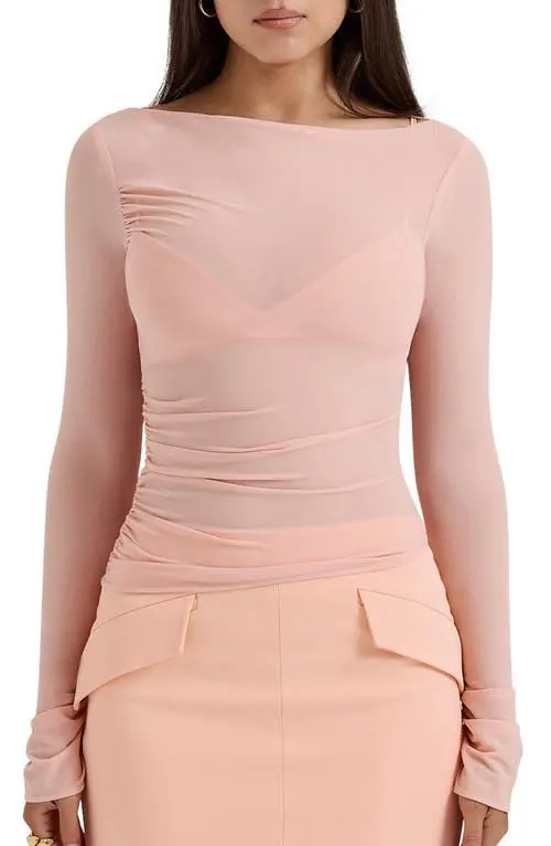 House Of Cb Floria Ruched Mesh Top - Peach Nectar