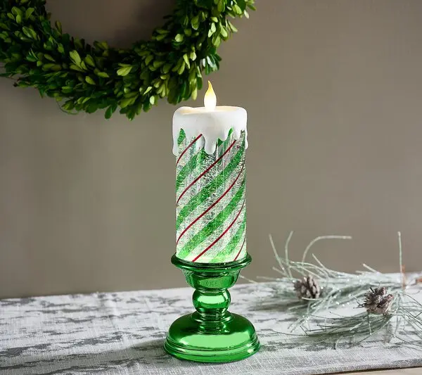 VALERIE PARR HILL 13' Illum Peppermint Glitter Candle W/pedestal-val