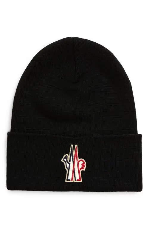 Moncler Logo Patch Virgin Wool Beanie - Black