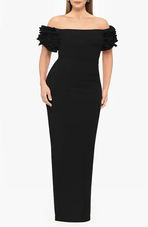 Xscape Evenings Ruffle Off-The-Shoulder Gown - Black | Editorialist