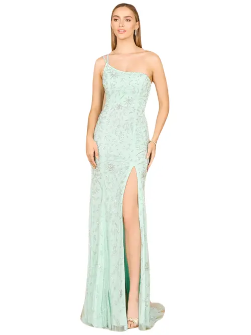 LARA NEW YORK One-shoulder Beaded Gown With Slit - Mint