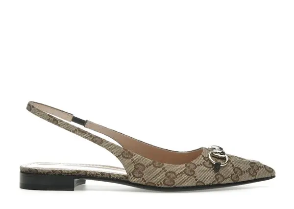Gucci Horsebit Slingback Flat In Gg Canvas - Beige/ebony