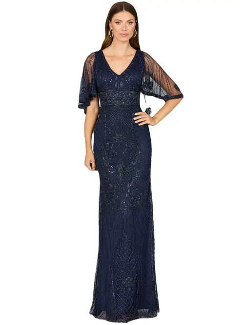 LARA NEW YORK Cape Sleeve V-neck Beaded Gown - Navy