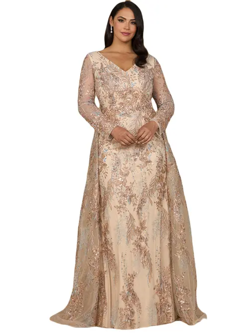 LARA NEW YORK Lace Long Sleeve Gown With Overskirt - Champagne