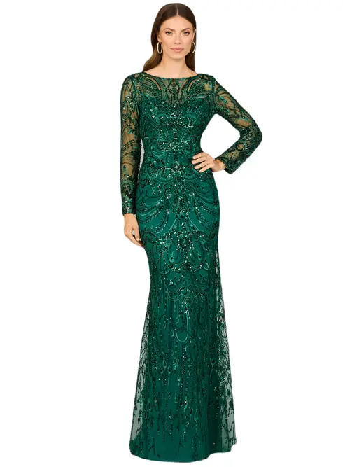LARA NEW YORK Long Sleeve Lace Gown - Green
