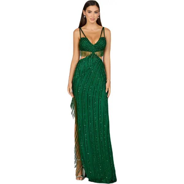 LARA NEW YORK Cutout Beaded Gown With Fringes - Emerald