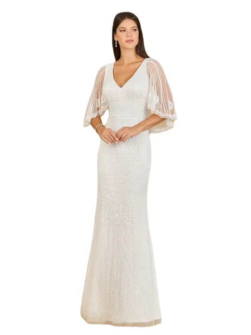 LARA NEW YORK Cape Sleeve V-neck Beaded Gown - Ivory