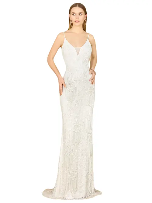 Lara New York Danika Floral Beaded Sheath Dress With Beaded Fringe - White  | Editorialist