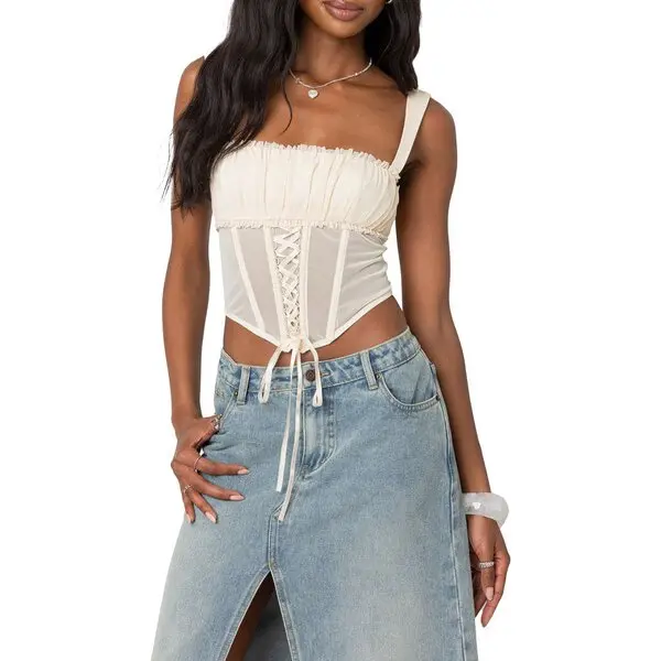 EDIKTED Dafne Shirred Mesh Corset Top
