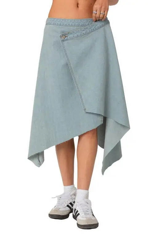 EDIKTED Asymmetric Wrap Denim Midi Skirt - Light-blue