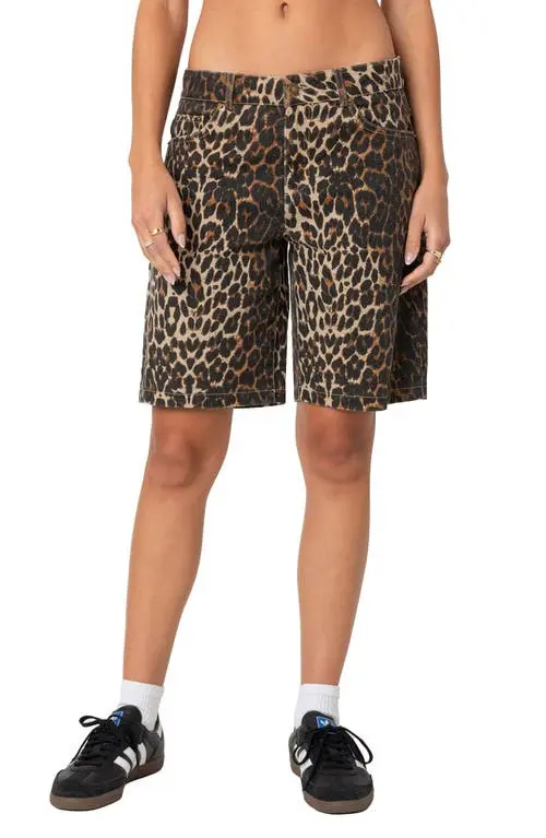 EDIKTED Low Rise Denim Bermuda Shorts - Leopard
