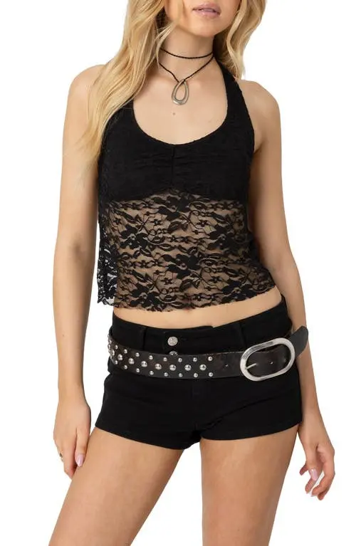 EDIKTED Tia Sheer Lace Crop Halter Top - Black