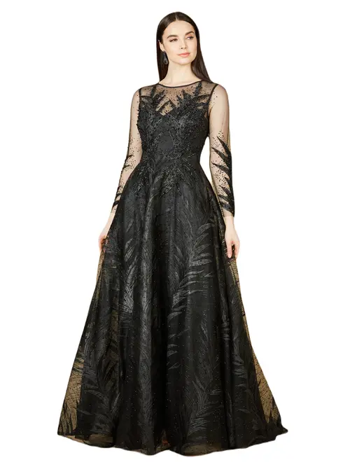 LARA NEW YORK High Neck Embellished Gown - Black