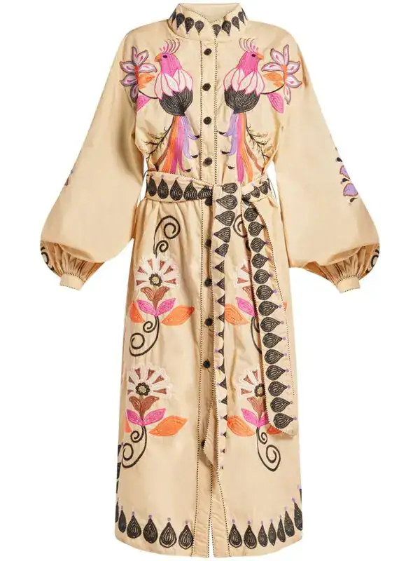farm rio bird flowers midi dress Khaki Flower Bird Embroidered Midi Dress  FARM Rio