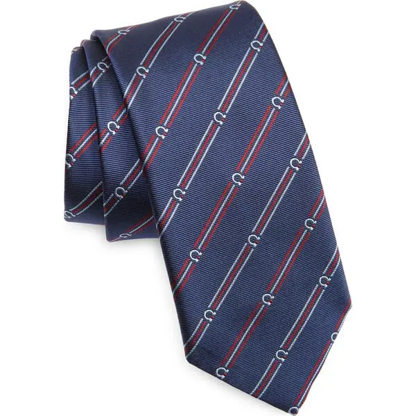 FERRAGAMO Vatica Gancio Stripe Silk Neck Tie - Navy Bordeaux