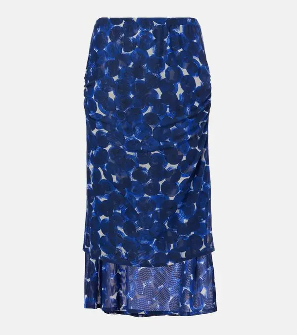 Dries Van Noten Printed Gathered Jersey Midi Skirt - Blue