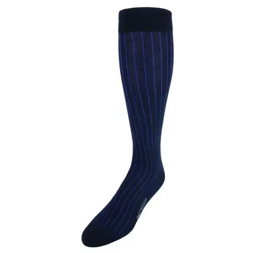 Trafalgar Nigel Over-the-calf Vertical Stripe Mercerized Cotton Socks - Navy With Blue Stripe