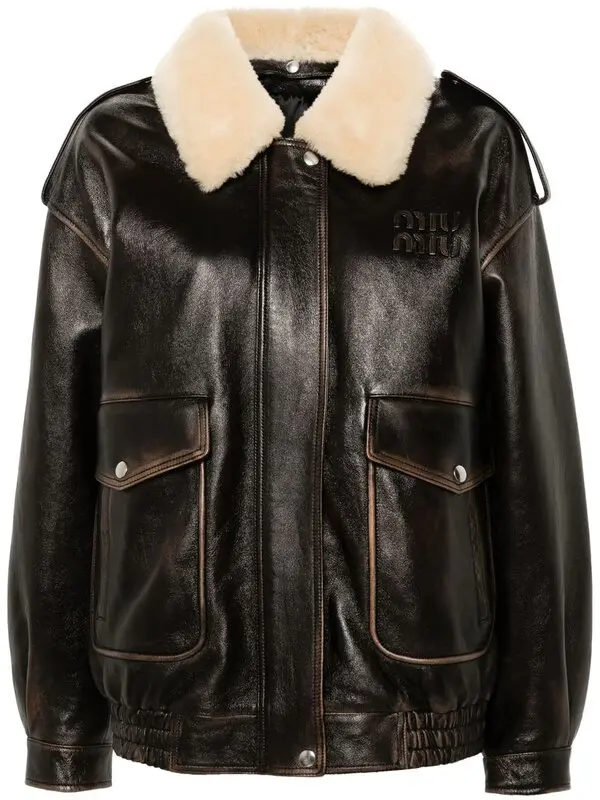 Buy Miu Miu Logo-lettering Leather Jacket - Caffe' At 33% Off ...