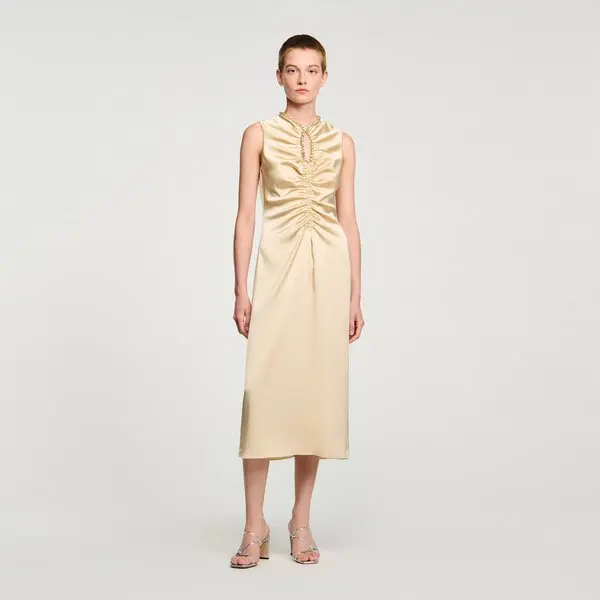 Sandro Satin-effect Midi Dress With Rhinestones - Sand