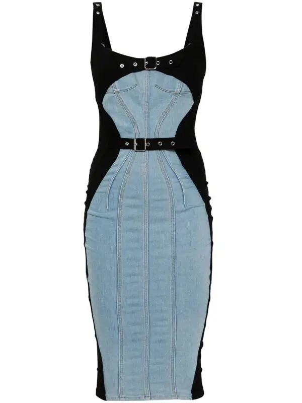 MUGLER Panelled Denim Midi Dress - Blue