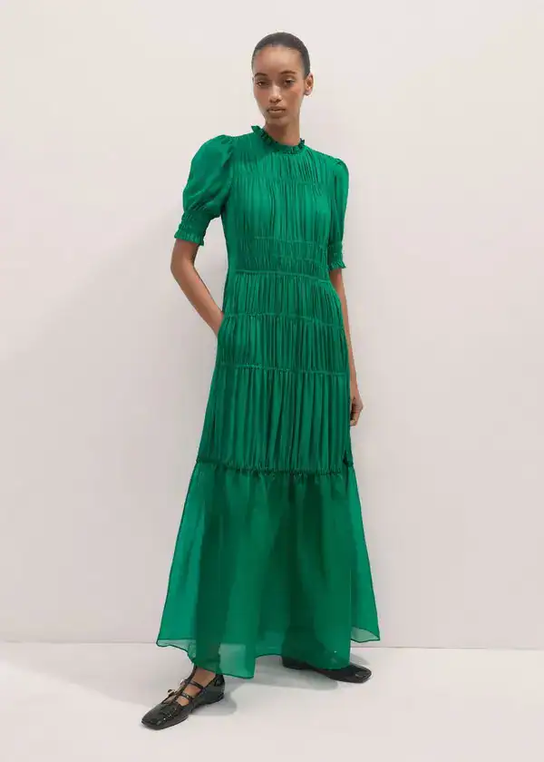 dark green dress jewellery combination Floral Organza Long Sleeve Wedding Dress with Green Print