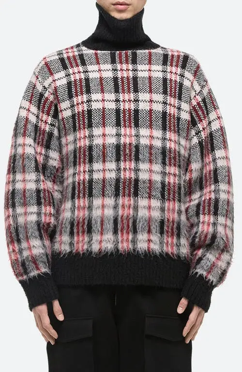 Helmut Lang Plaid Brushed Oversize Turtleneck Sweater - Medium Black Check