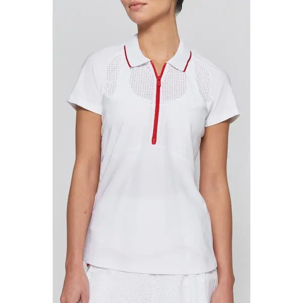 L'ETOILE SPORT Mesh Zip Performance Polo - White With Red Trim