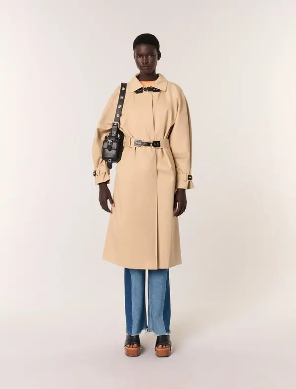 Maje Cotton Long Trench Coat - Light Beige
