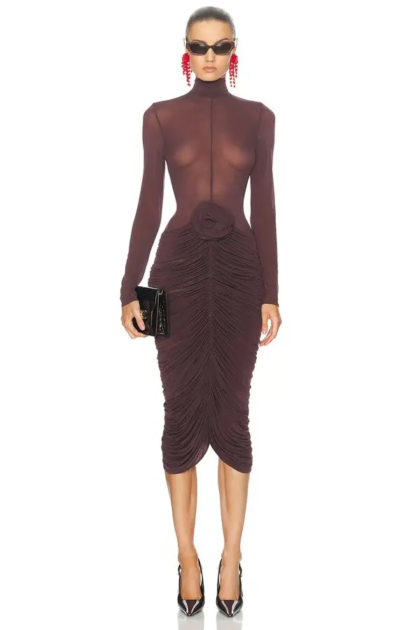 Magda Butrym Long Sleeve Sheer Midi Dress - Burgundy
