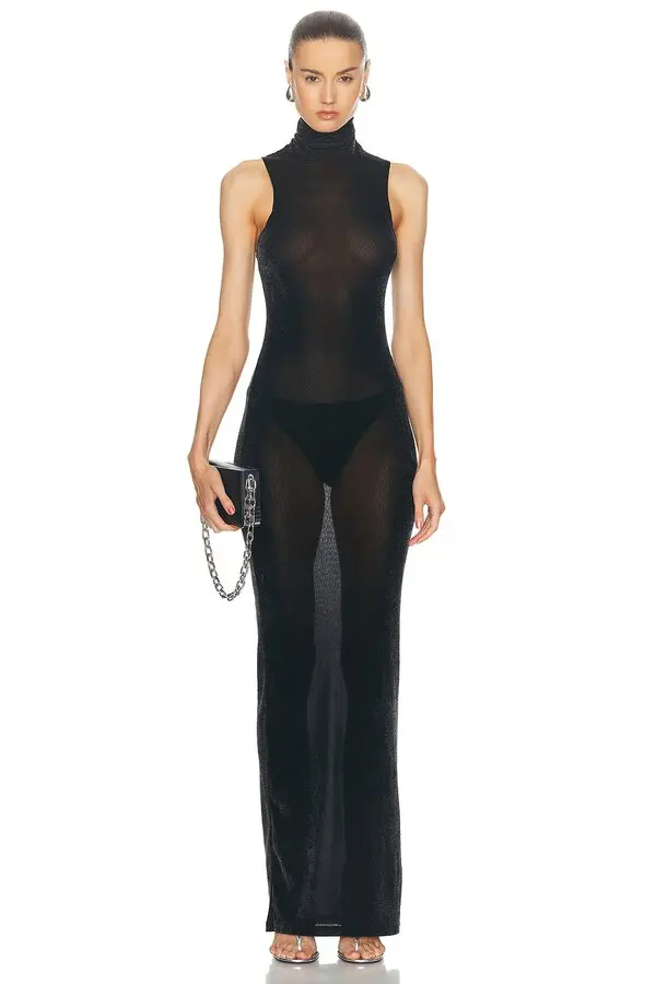 PRISCAVERA Velvet Mesh Turtleneck Maxi Dress
