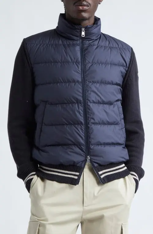 Moncler Quilted Down And Cotton Knit Cardigan - Blue