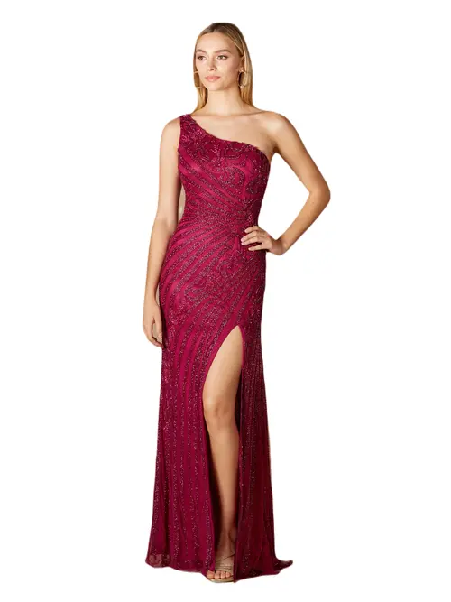 LARA NEW YORK One-shoulder Beaded Gown - Fuchsia