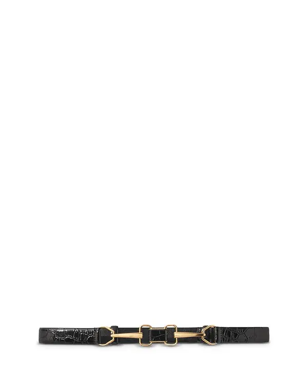 Maje Horsebit Croc Embossed Leather Belt - Black