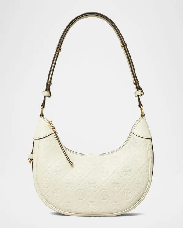 Tory Burch T Monogram Leather Crescent Shoulder Bag - Light Cream