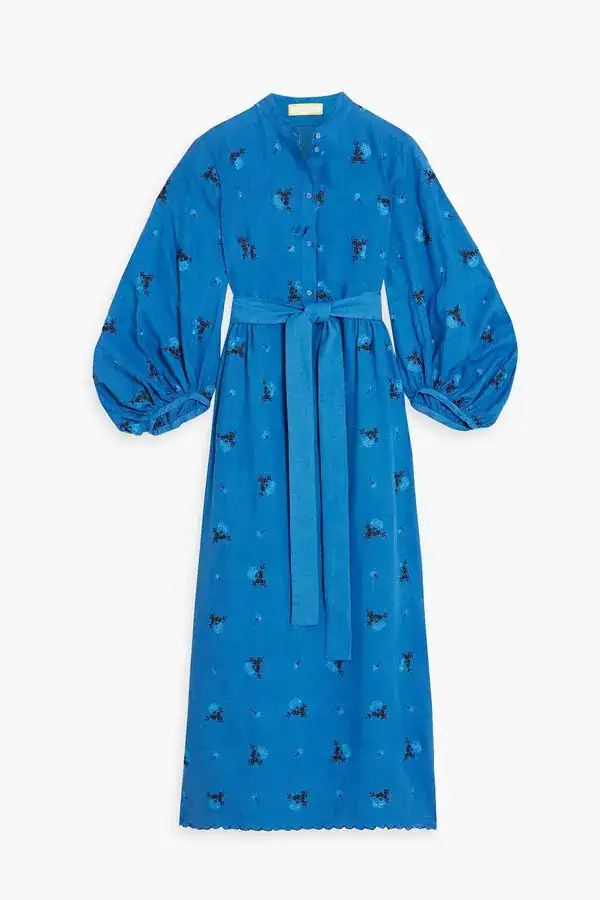 Erdem Belted Embroidered Linen Midi Dress In Cobalt Blue 60% Off