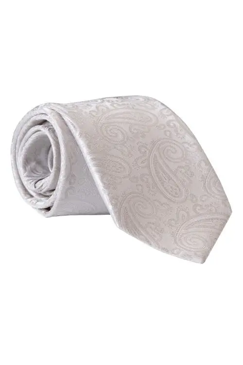 ELIZABETTA Soave Extra Long Silk Jacquard Necktie - Silver Pearl