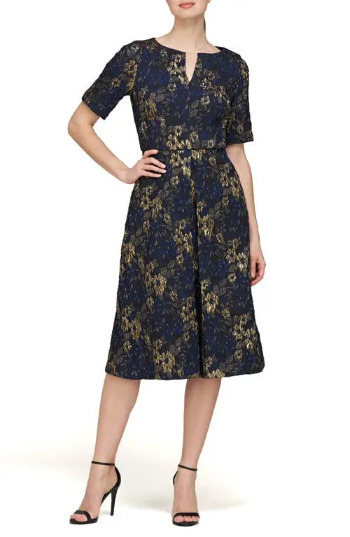 Js Collections Florence Jacquard Fit-And-Flare Cocktail Dress In Deep Navy/ Gold - 60% Off | Editorialist