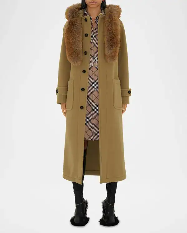 Burberry Oversized Duffle Coat With Faux-Fur Hood Trim Camel