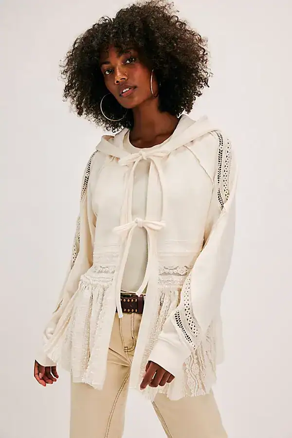 Free People Candy Lace Trimmed Sweatshirt In Ivory - 34% Off