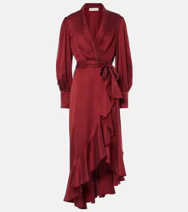 princess polly baby blue dress Zimmermann Ruffled Silk Satin Wrap Dress In Burgundy - 20% Off