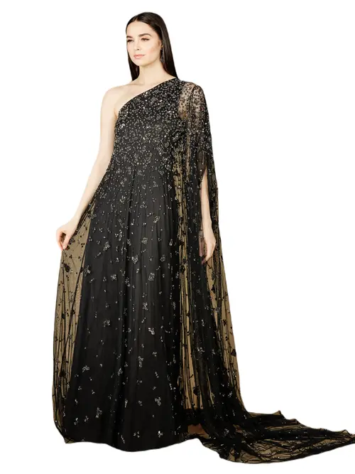 LARA NEW YORK One-shoulder Beaded Gown