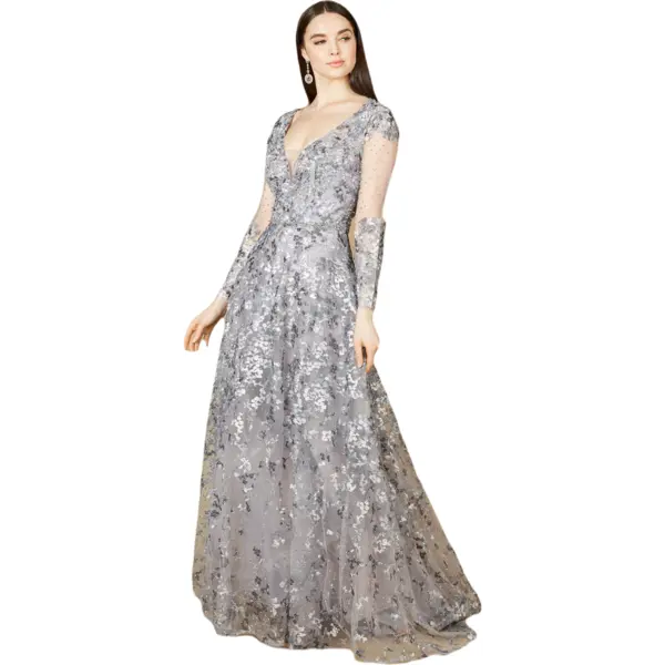 LARA NEW YORK Floral A-line Gown With Long Sleeves