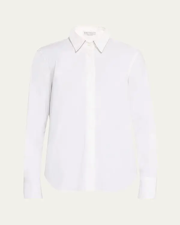 Brunello Cucinelli Poplin Button-front Shirt With Monili Collar - White