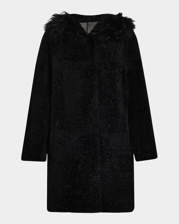 Gorski Reversible Shearling Lamb Stroller Coat With Mongolian Lamb Hood Trim - Black