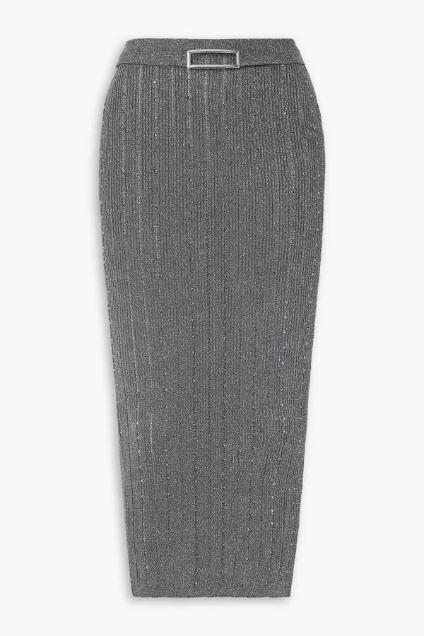 Alessandra Rich Embellished Metallic Ribbed-knit Midi Skirt