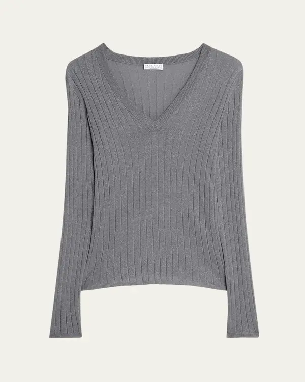 Brunello Cucinelli Cashmere-blend Lurex Ribbed Knit Top - Grigio