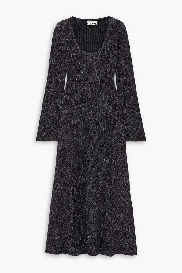 GANNI Metallic Ribbed-knit Midi Dress - Midnight Blue