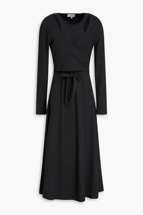 GANNI Cutout Wrap-effect Ribbed-knit Midi Dress